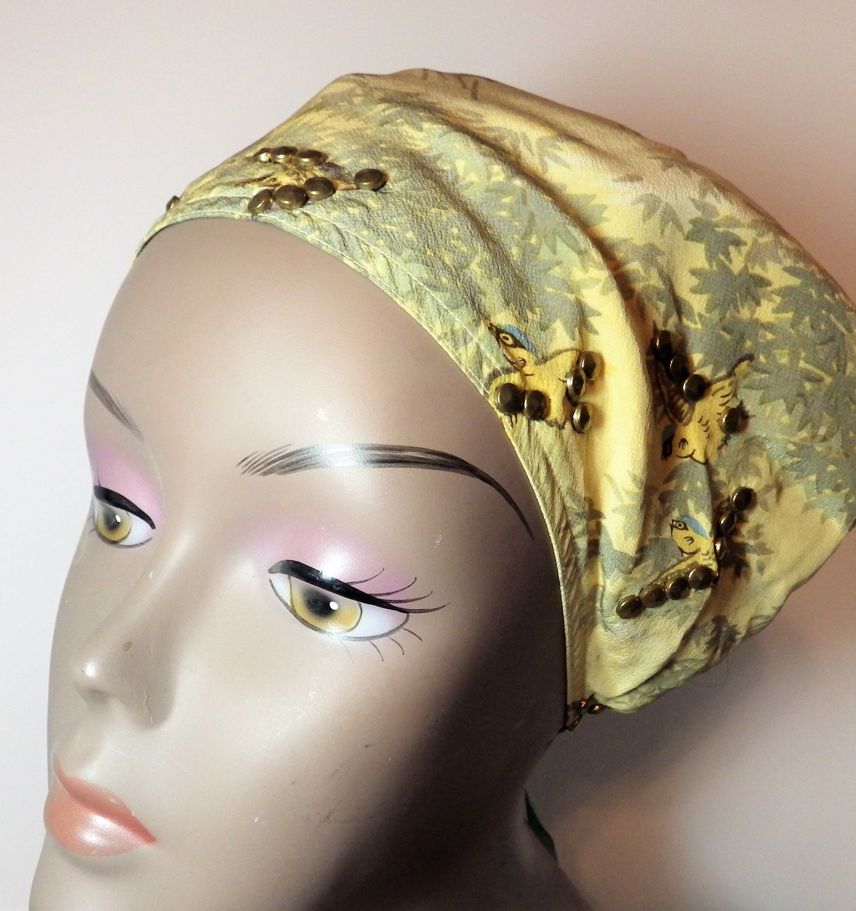 Vintage Head Scarf Yellow Silk Triangle With Ties Birds and Metal Studs ...