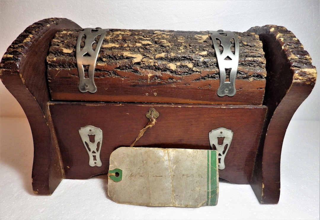 1930s Vintage Hobo Tramp Art Wood Chest: Tree Bark & Metal Straps - Etsy