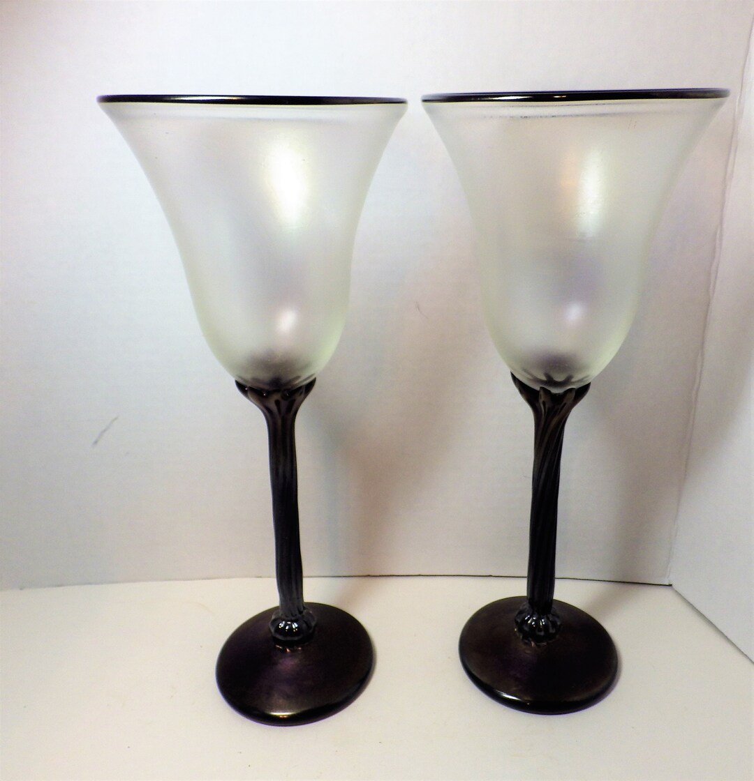 Rick Strini Art Glass Goblets: Bronze & Frosted Iridescent, Signed (set ...