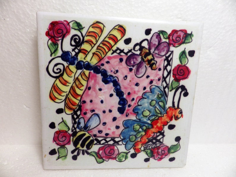 1980s (2) Becca Boyd Speight Painted Tiles Dragonfly Butterfly Trivets ...