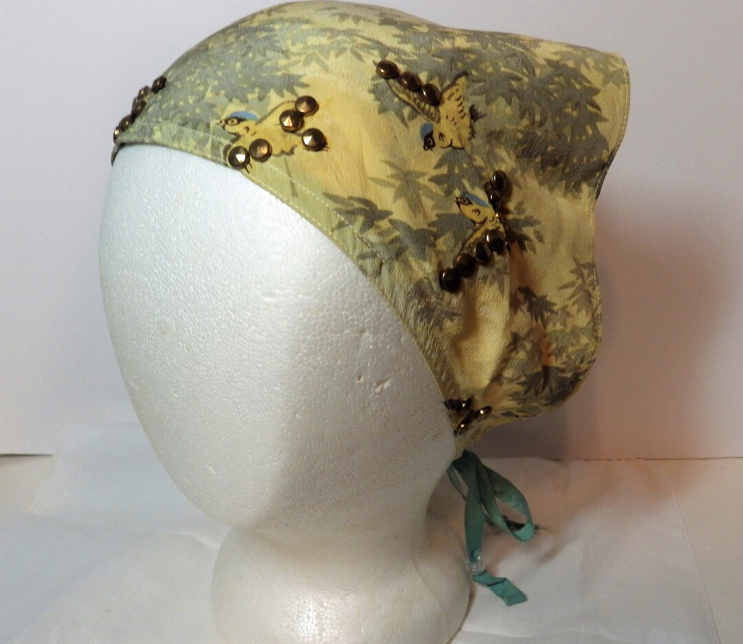 Vintage Head Scarf Yellow Silk Triangle With Ties Birds and Metal Studs ...