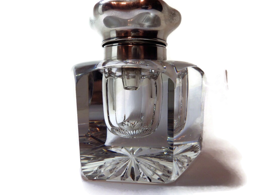 Large Heavy Crystal Inkwell Sterling Repousse Lid Removeable Glass Well ...