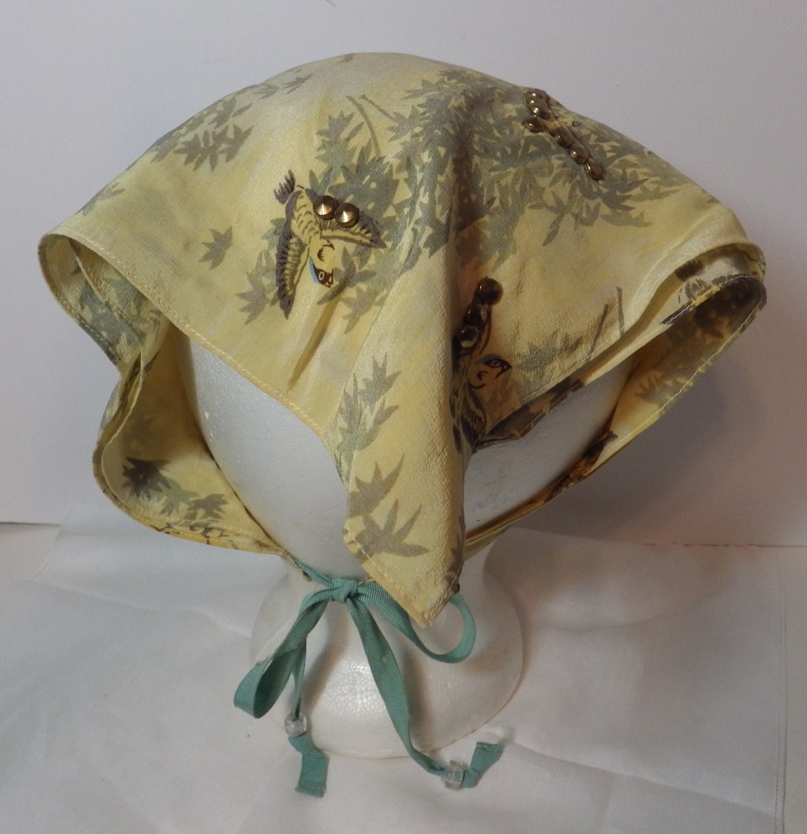 Vintage Head Scarf Yellow Silk Triangle With Ties Birds and Metal Studs ...