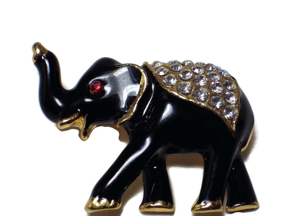 1970s Vintage Elephant Pin Brooch Black Enamel Rhinestones Red Eye ...