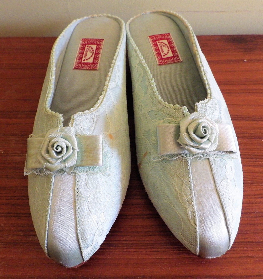 1970s Vintage Evans Slippers Slides Mules Mint Green Lace Rosette ...
