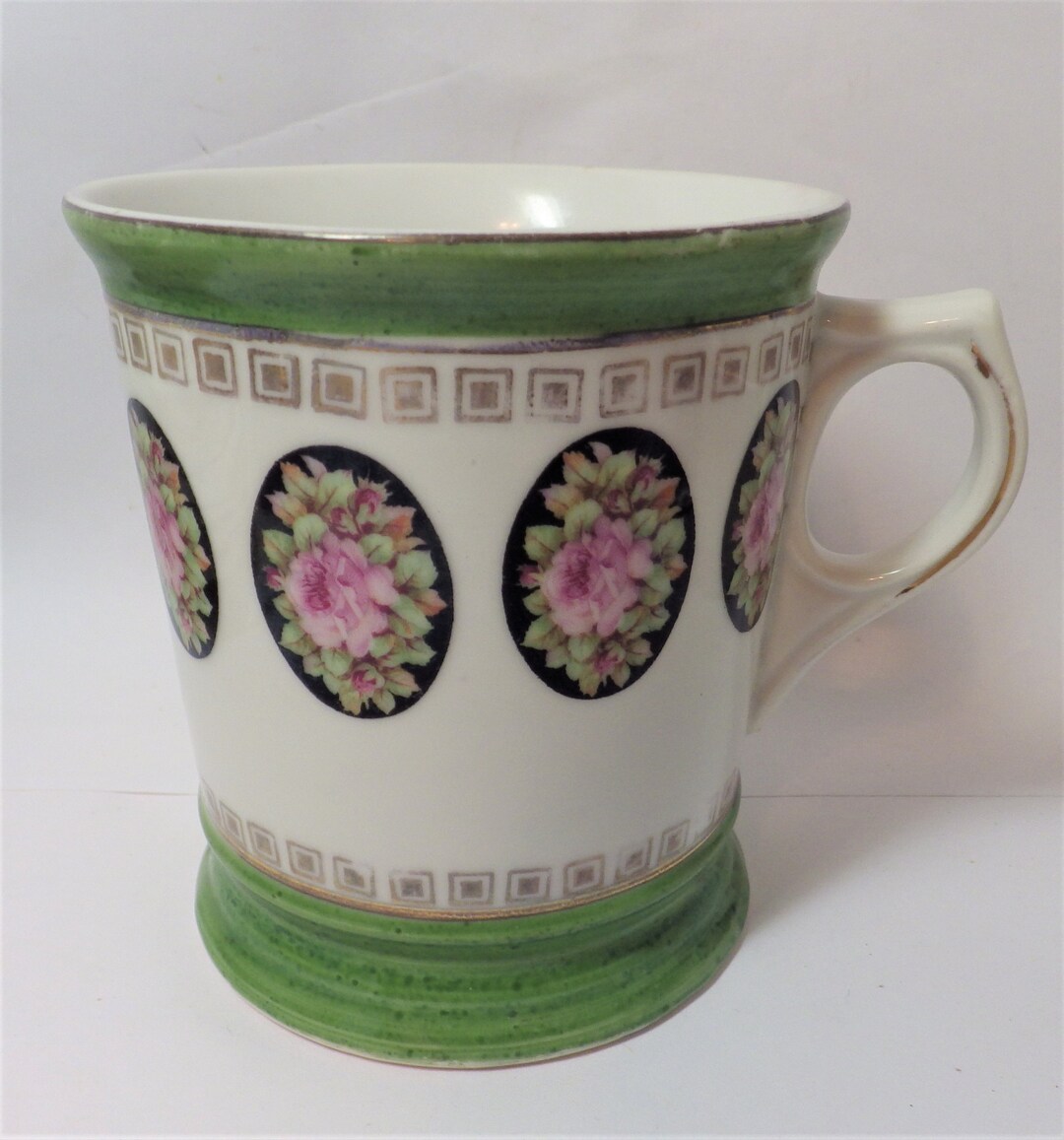 Antique German Porcelain Shaving Mug Footed Green Bands Roses - Etsy