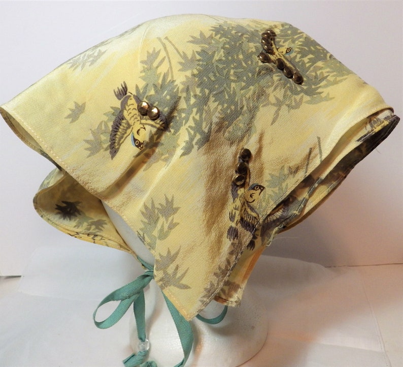 Vintage Head Scarf Yellow Silk Triangle With Ties Birds and Metal Studs ...