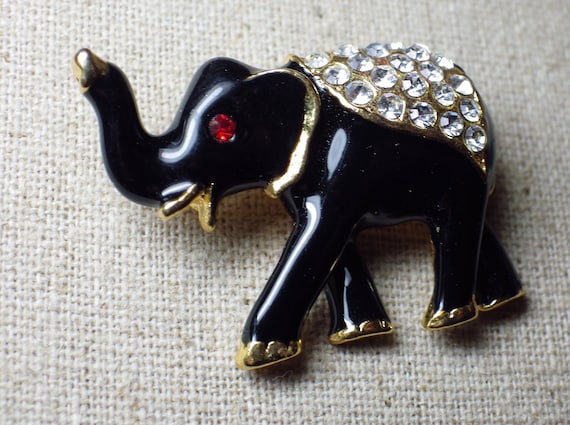 1970s Vintage Elephant Pin Brooch Black Enamel Rhines… - Gem