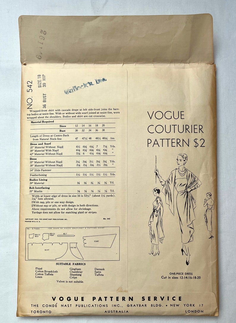 Vintage 1949 CUT VOGUE Couturier Design Sewing Pattern Size 18 - Etsy