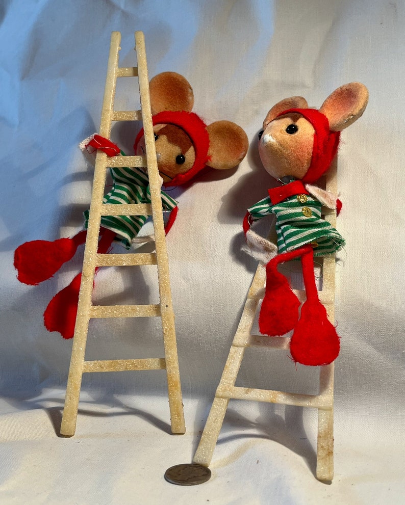 Vintage Pair of Flocked 1960s Mouse Climbing Ladder Christmas Ornaments ...