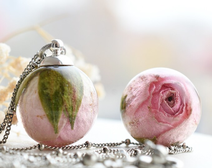 Real Light Pink Rosebud Resin Sphere Pendant Necklace - Etsy