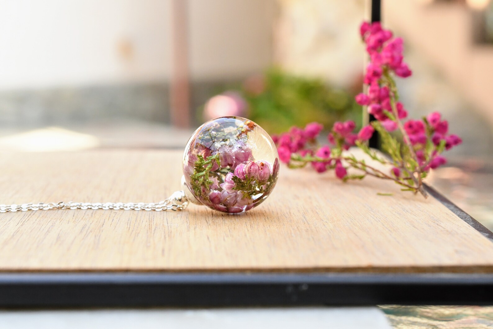 Real Pink Heather Jewelry Set: Resin Sphere Pendant & Earrings - Etsy