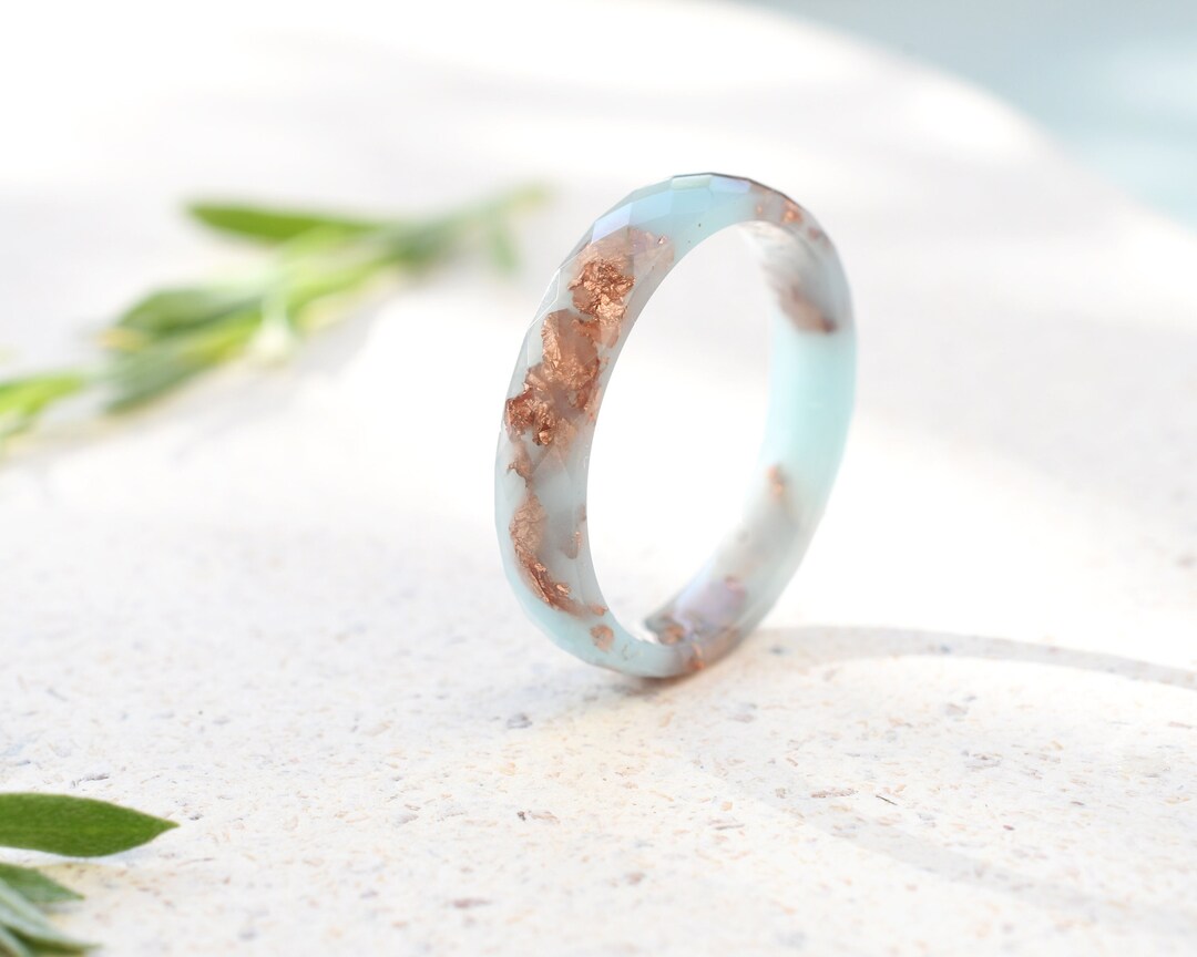 Baby Blue Resin Ring With Rose Gold Leaf – Delicate Faceted Promise or ...