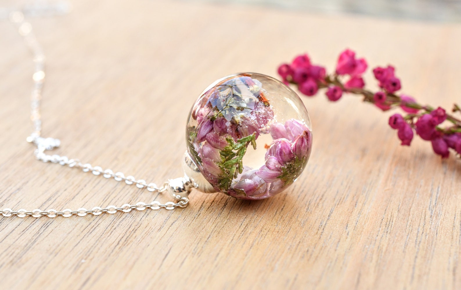 Real Purple Heather Jewelry Set: Resin Sphere Pendant & Earrings - Etsy