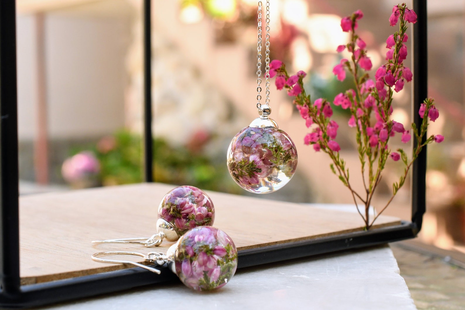 Real Pink Heather Jewelry Set: Resin Sphere Pendant & Earrings - Etsy