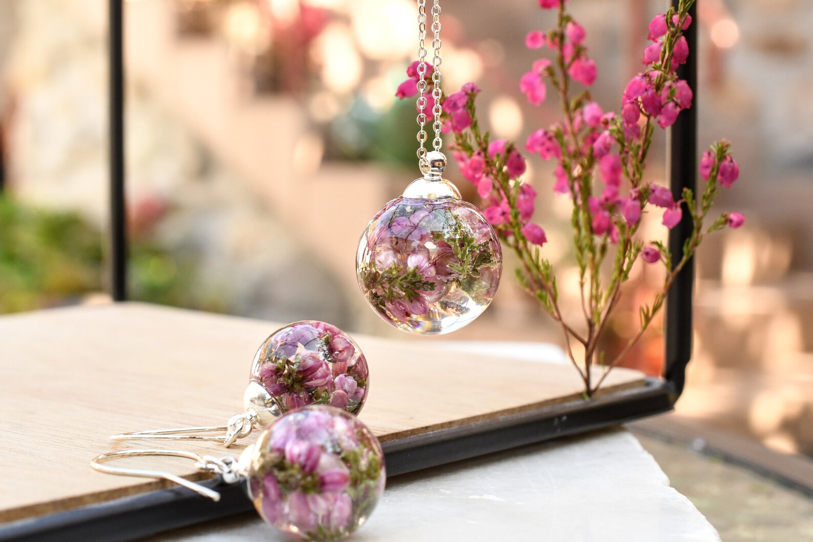 Real Pink Heather Jewelry Set: Resin Sphere Pendant & Earrings - Etsy