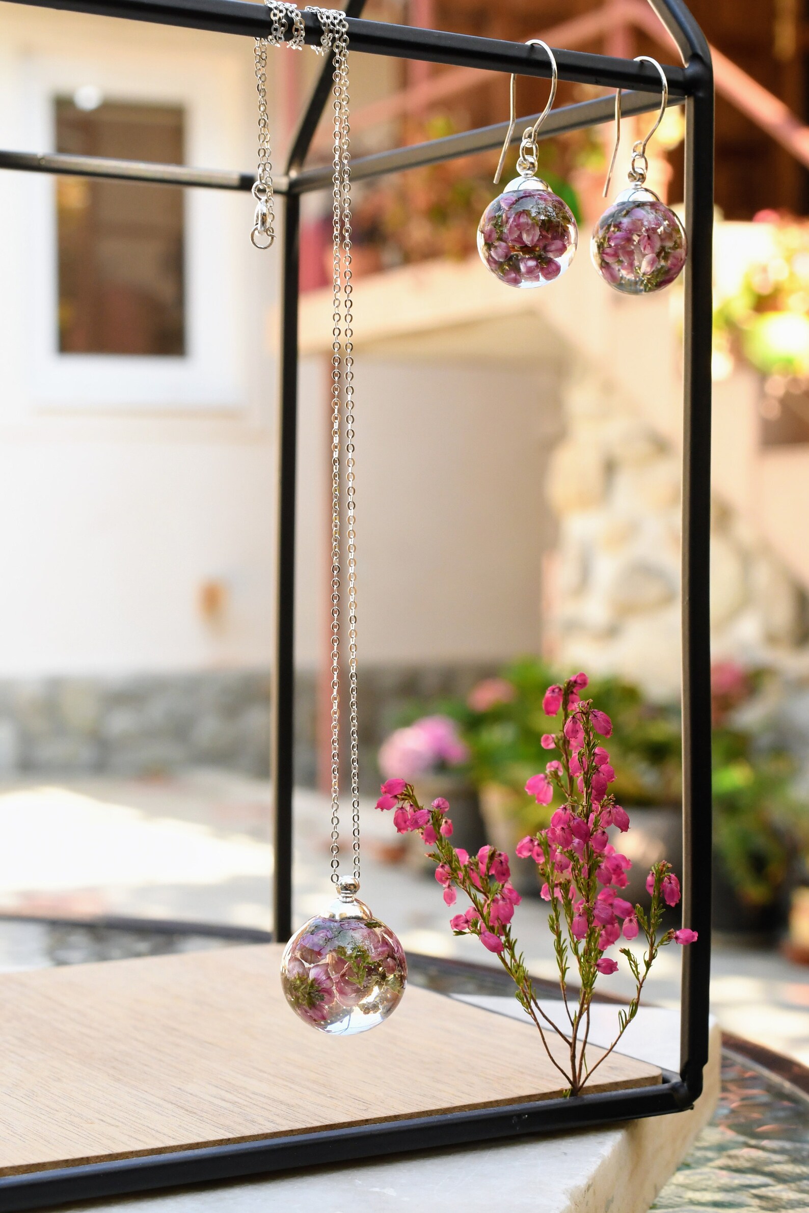 Real Pink Heather Jewelry Set: Resin Sphere Pendant & Earrings - Etsy