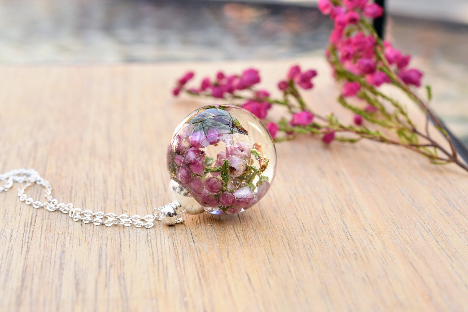 Real Purple Heather Jewelry Set: Resin Sphere Pendant & Earrings - Etsy