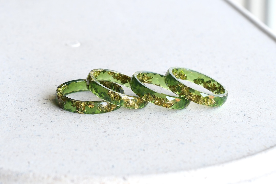 Moss Green Gold Leaf Ring - Fall Skinny Resin Rings - Thin Faceted ...