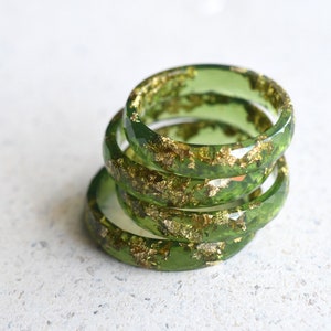 Moss Green Gold Leaf Ring - Fall Skinny Resin Rings - Thin Faceted ...