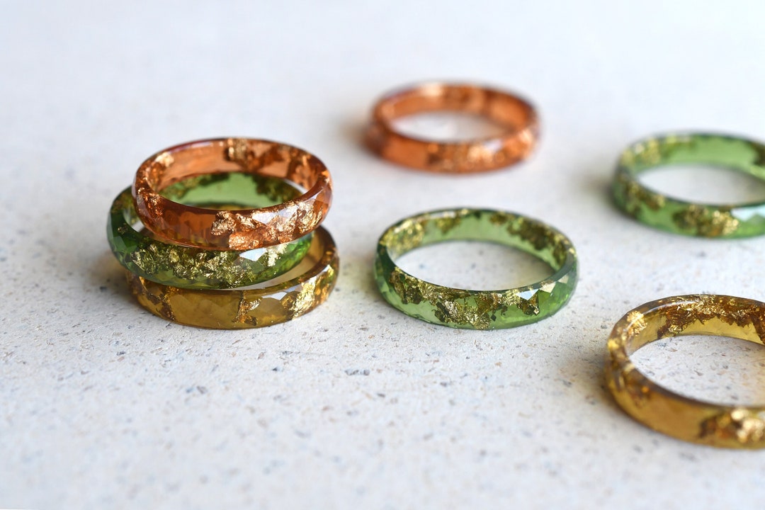 Rust Skinny Rings Set With Gold Leaf - Thin Faceted Resin Ring ...