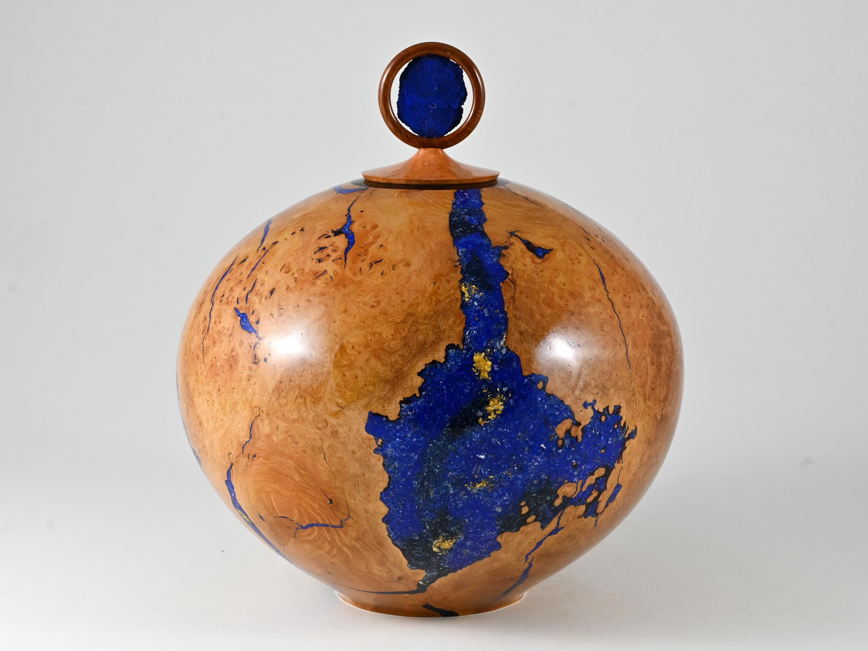 XL Handmade Briar Burl Wood Urn: Blue Mineral & Gold Inlay, Azurite Lid ...