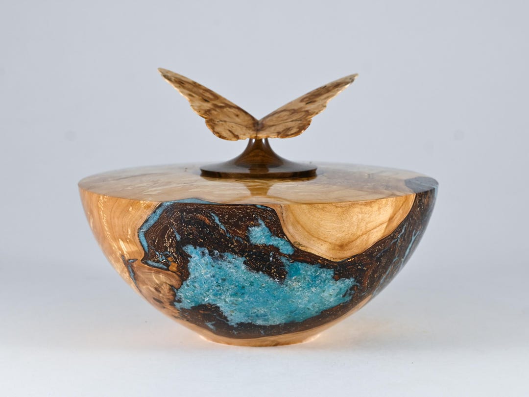 Handmade Spalted Birch Burl Wood Urn: Light Blue Mineral Inlay ...