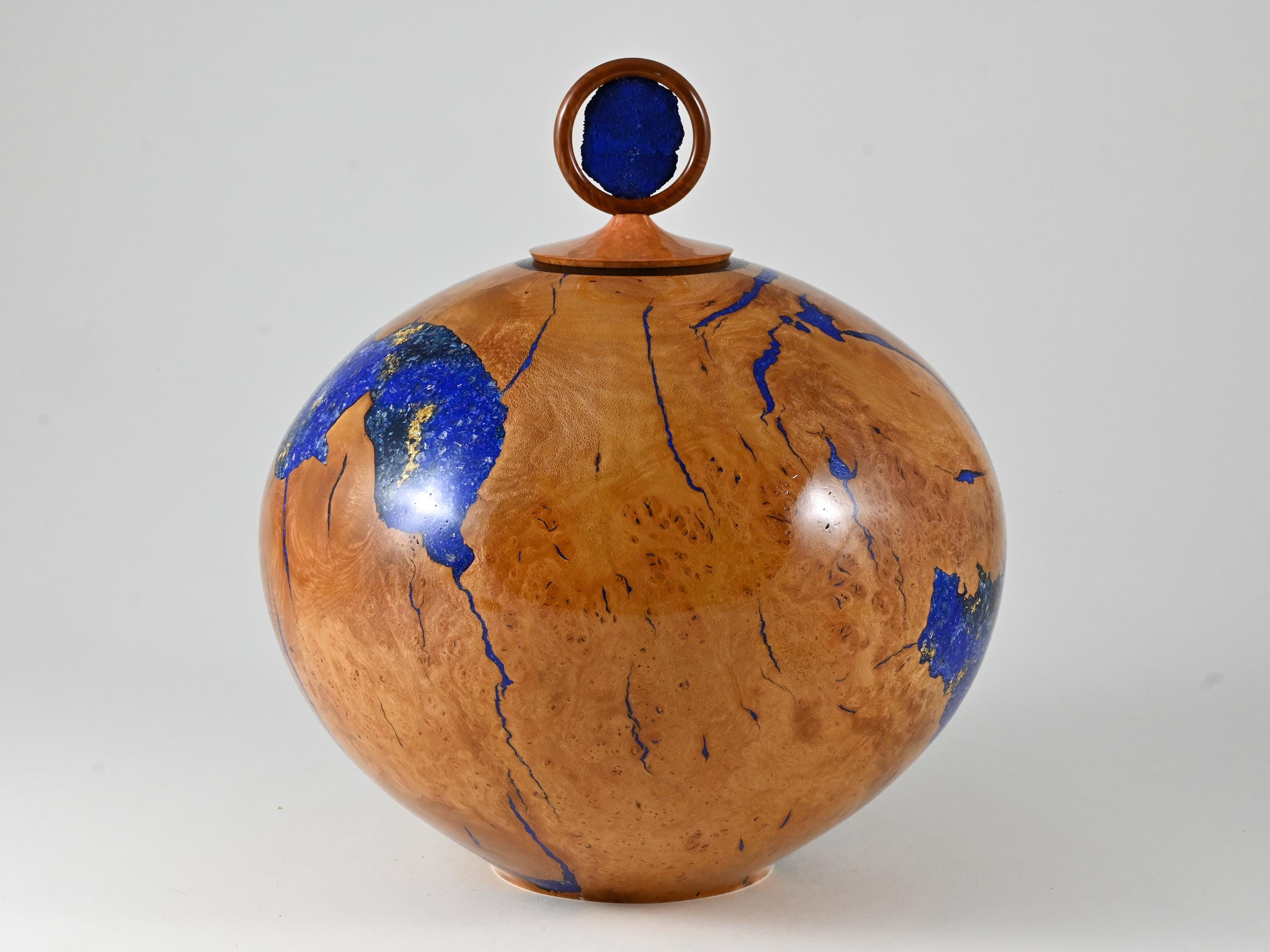 XL Handmade Briar Burl Wood Urn: Blue Mineral & Gold Inlay, Azurite Lid ...