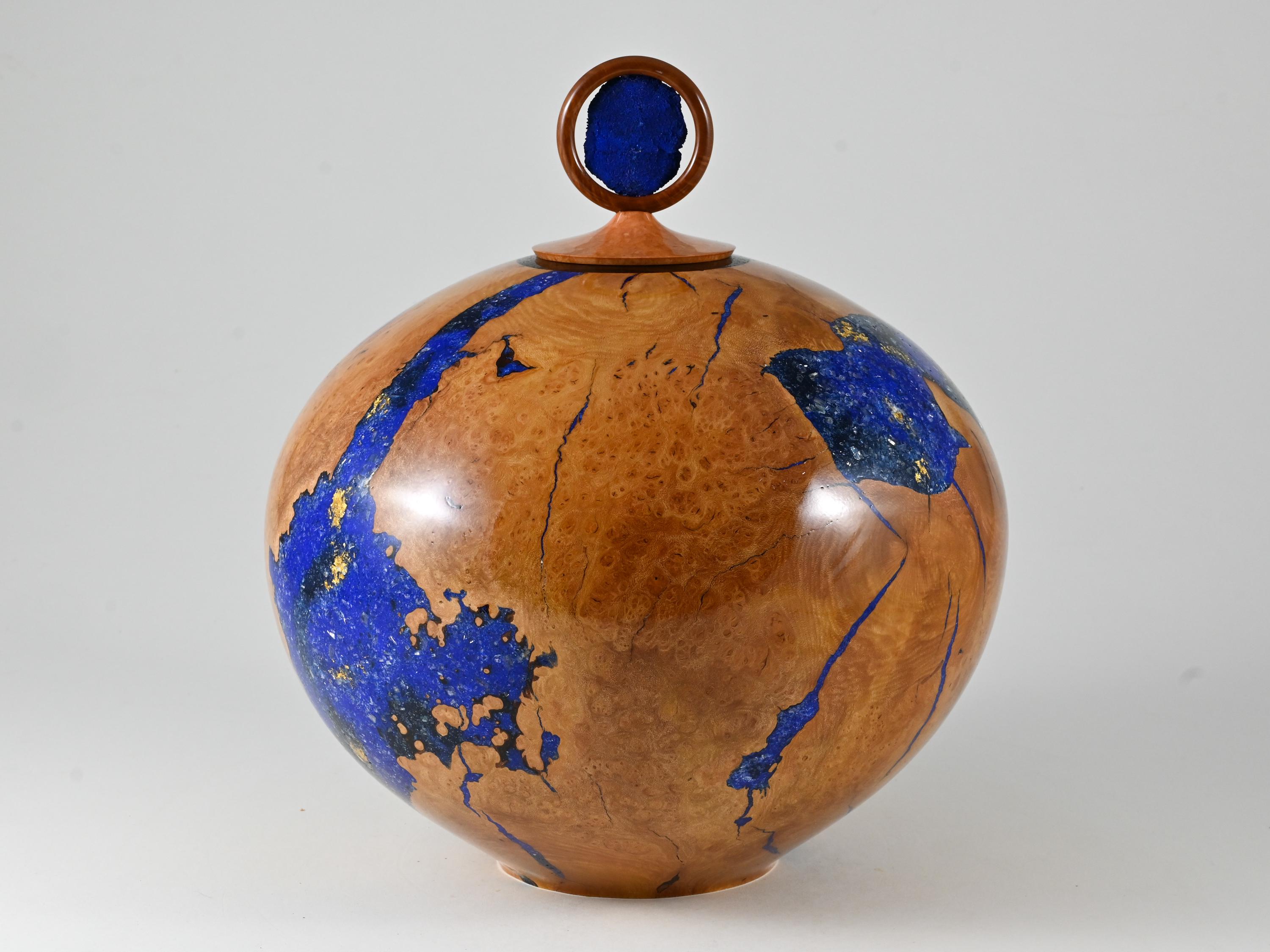 XL Handmade Briar Burl Wood Urn: Blue Mineral & Gold Inlay, Azurite Lid ...