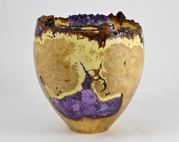 Large Wooden Urn Made of Black Locust Burl Inlayed With Purple Minerals ...