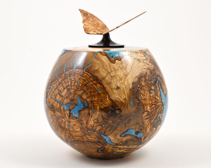 Large Handmade Wooden Urn Made of Olive With Light Blue Minerals and a ...