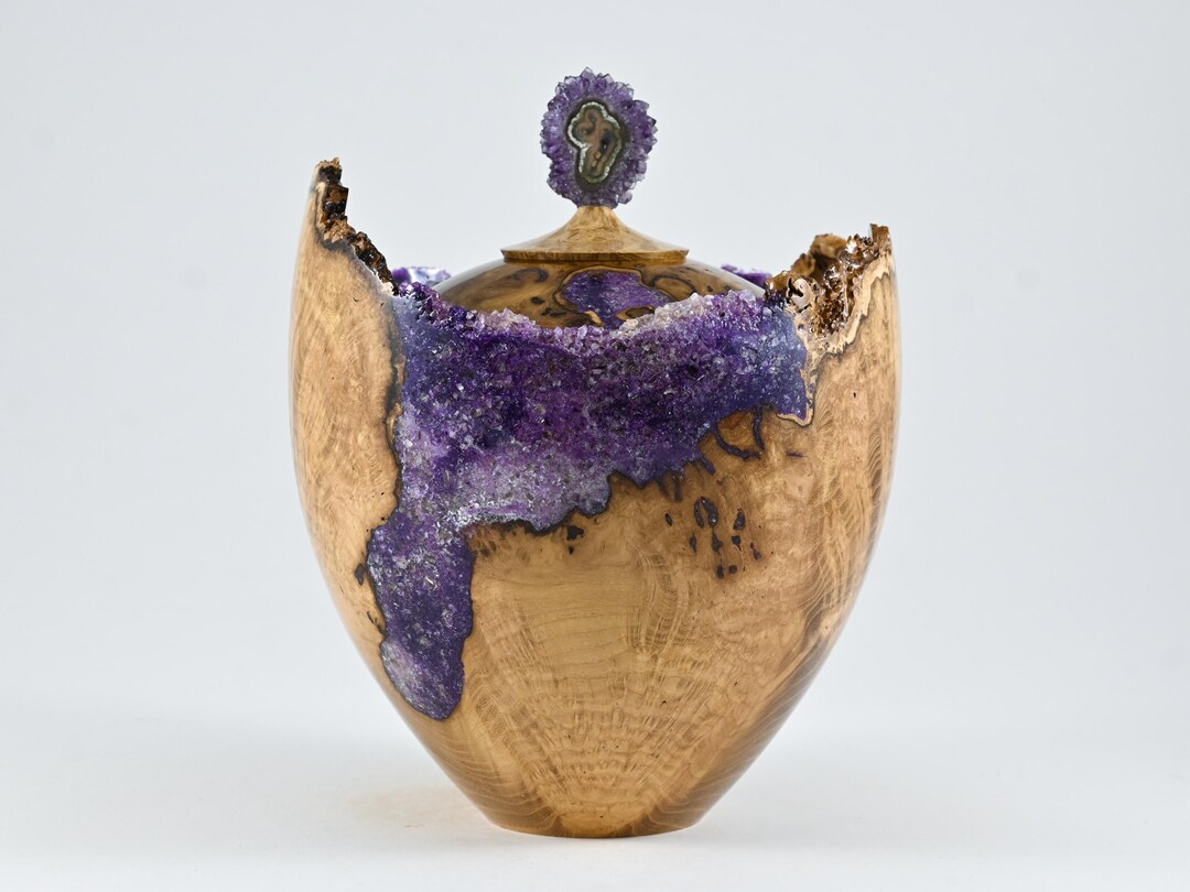 Handmade Black Locust Burl Wood Urn, Purple Mineral Inlay, Amethyst Lid ...