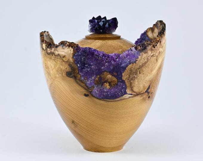 Handmade Black Locust Burl Wood Urn, Purple Mineral Inlay, Amethyst Lid ...
