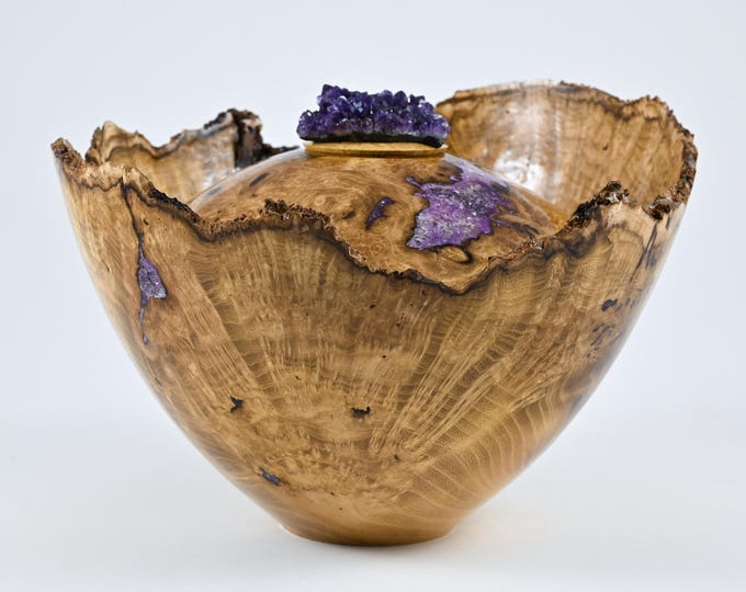 Handmade Black Locust Burl Wood Urn: Purple Mineral Inlay, Amethyst Lid ...
