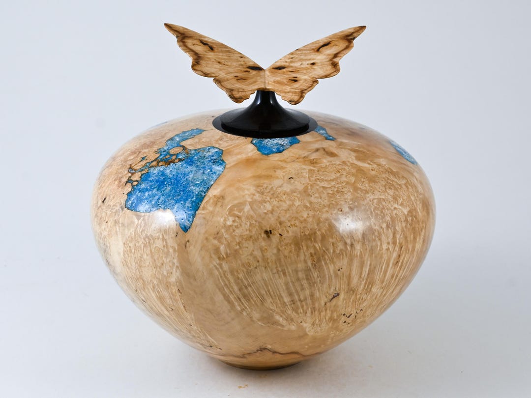 Handmade Boxelder Burl Wood Urn, Blue Mineral Inlay, Butterfly Lid (330 ...