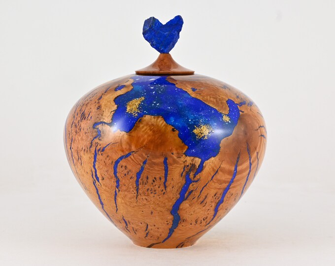 Large Handmade Wooden Urn Made of a Briar Burl Inlayed With Blue ...