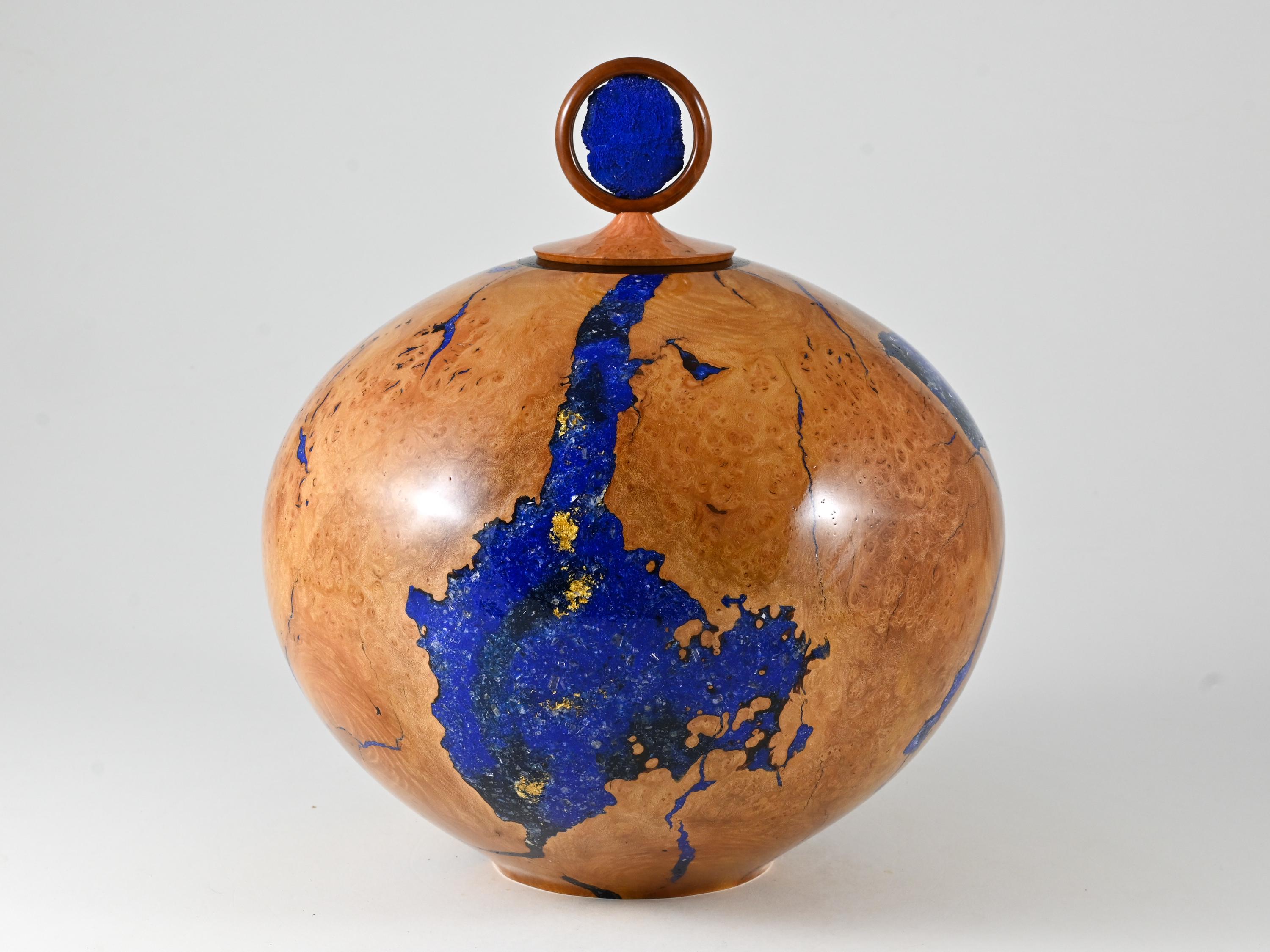 XL Handmade Briar Burl Wood Urn: Blue Mineral & Gold Inlay, Azurite Lid ...