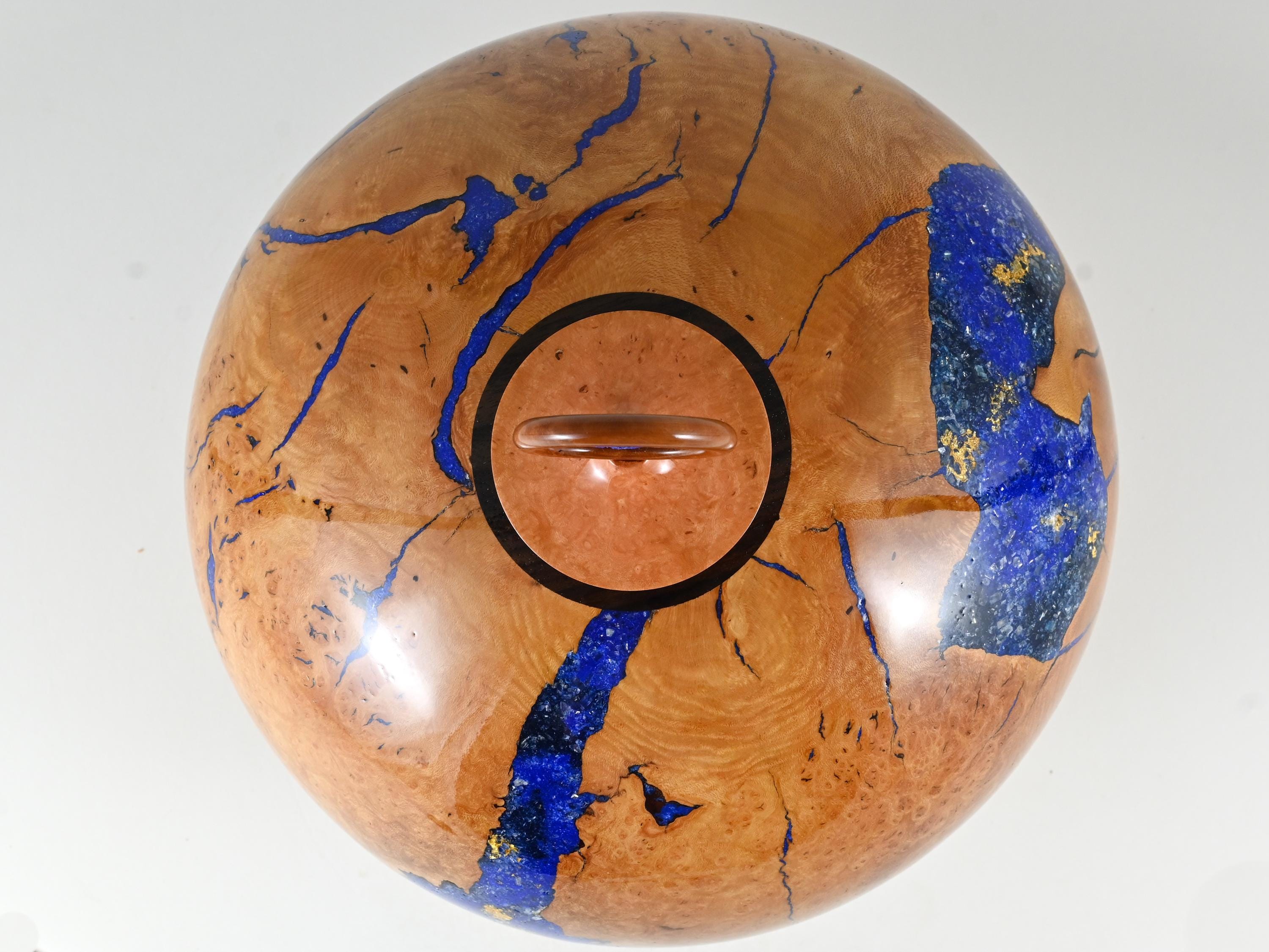 XL Handmade Briar Burl Wood Urn: Blue Mineral & Gold Inlay, Azurite Lid ...