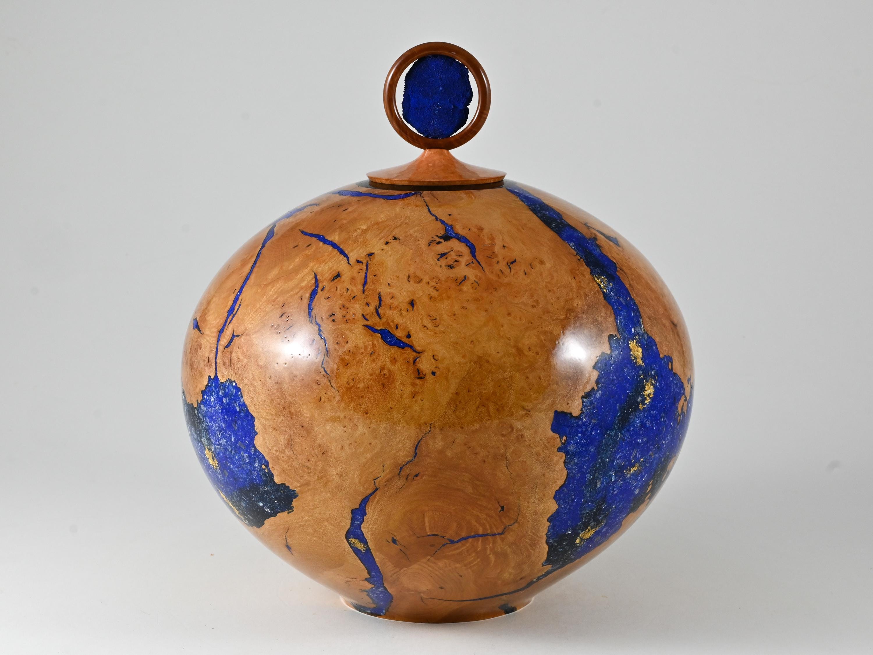 XL Handmade Briar Burl Wood Urn: Blue Mineral & Gold Inlay, Azurite Lid ...