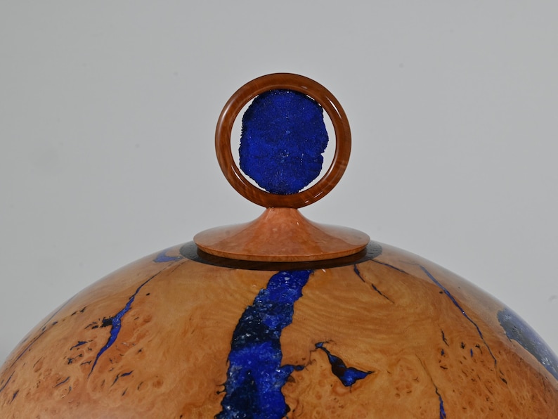 XL Handmade Briar Burl Wood Urn: Blue Mineral & Gold Inlay, Azurite Lid ...