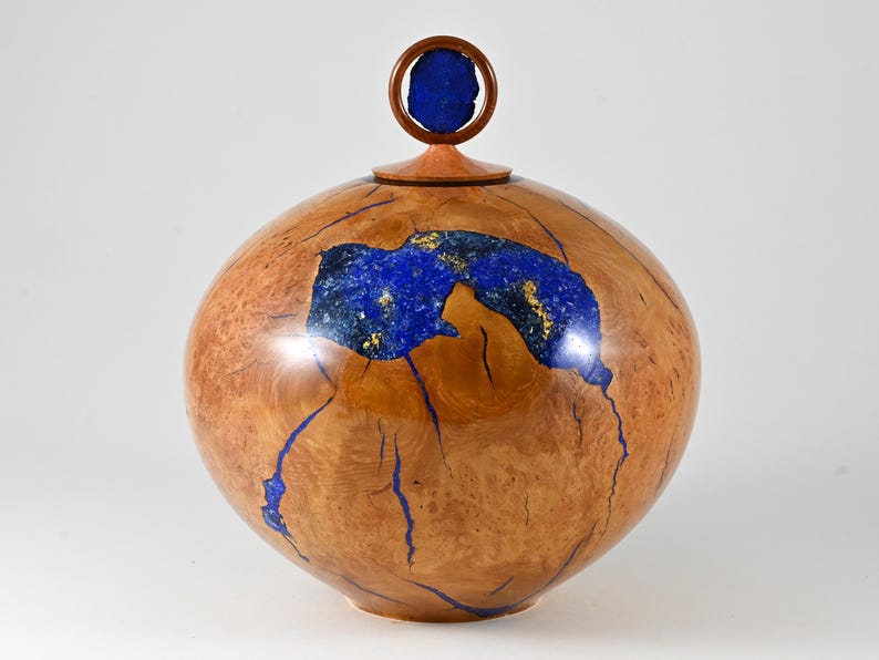XL Handmade Briar Burl Wood Urn: Blue Mineral & Gold Inlay, Azurite Lid ...