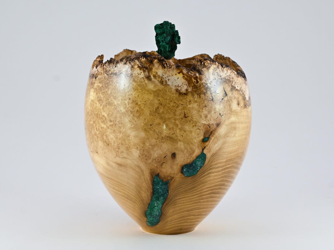 Handmade Black Locust Burl Urn: Green Mineral Inlay, Malachite Lid (220 ...