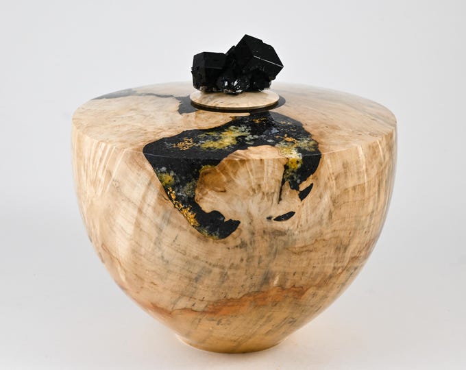 Handmade Boxelder Burl Wood Urn, Black Mineral, Calcite and Gold Inlay ...