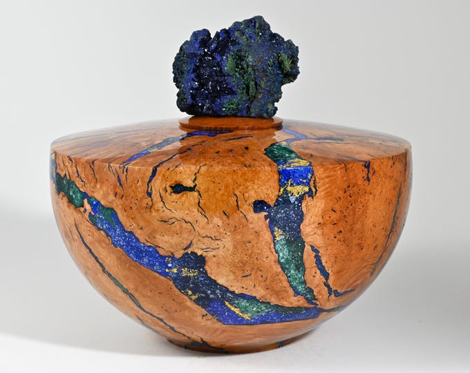 Large Handmade Wooden Urn Made of a Briar Burl Inlayed With Blue, Green ...
