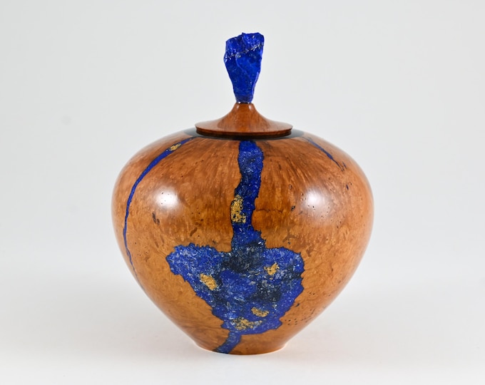 Handmade Briar Burl Wood Urn: Blue Mineral & Gold Inlay, Lapis Lazuli ...