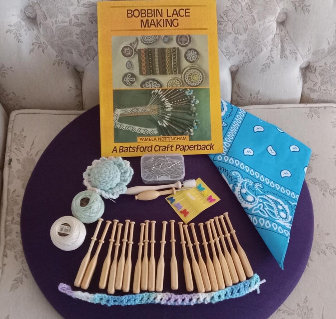Bobbin Lace Beginner Kit W/used 16" Pillow, Blue Cover, Book, Threads ...