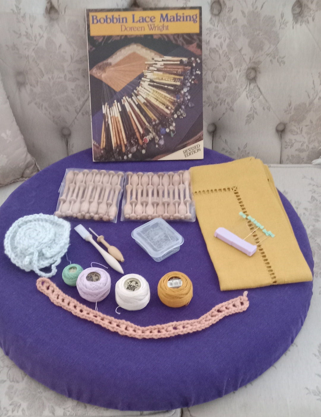 Bobbin Lace Kit W/20 Pillow W/bluepurple Cover, 24 Bruges Style Bobbins ...