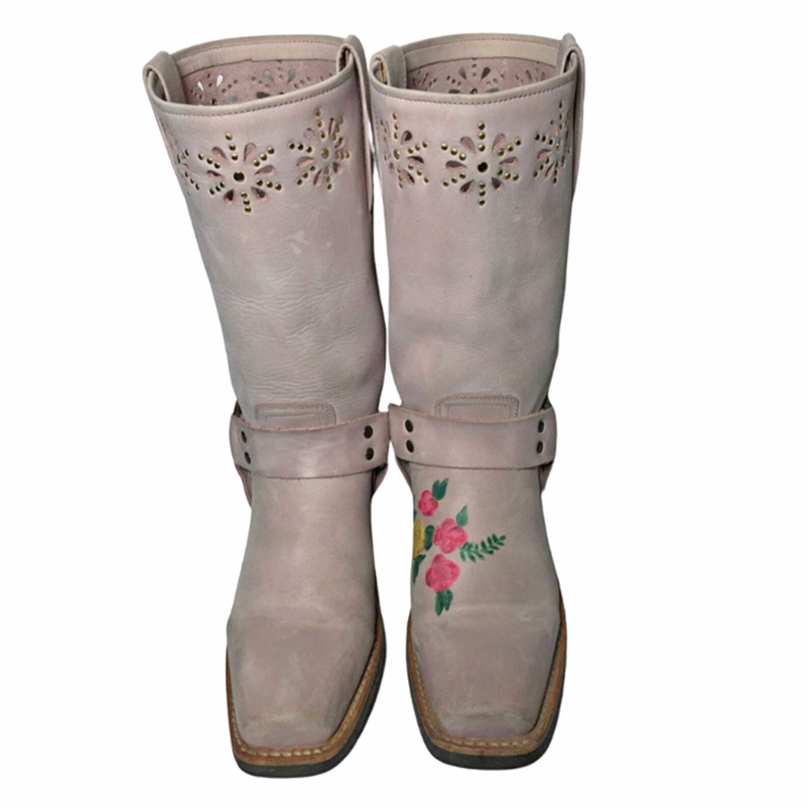 FRYE 77700 HARNESS PINK Painted Flower Motorcycle Boots Women's Size 8 ...
