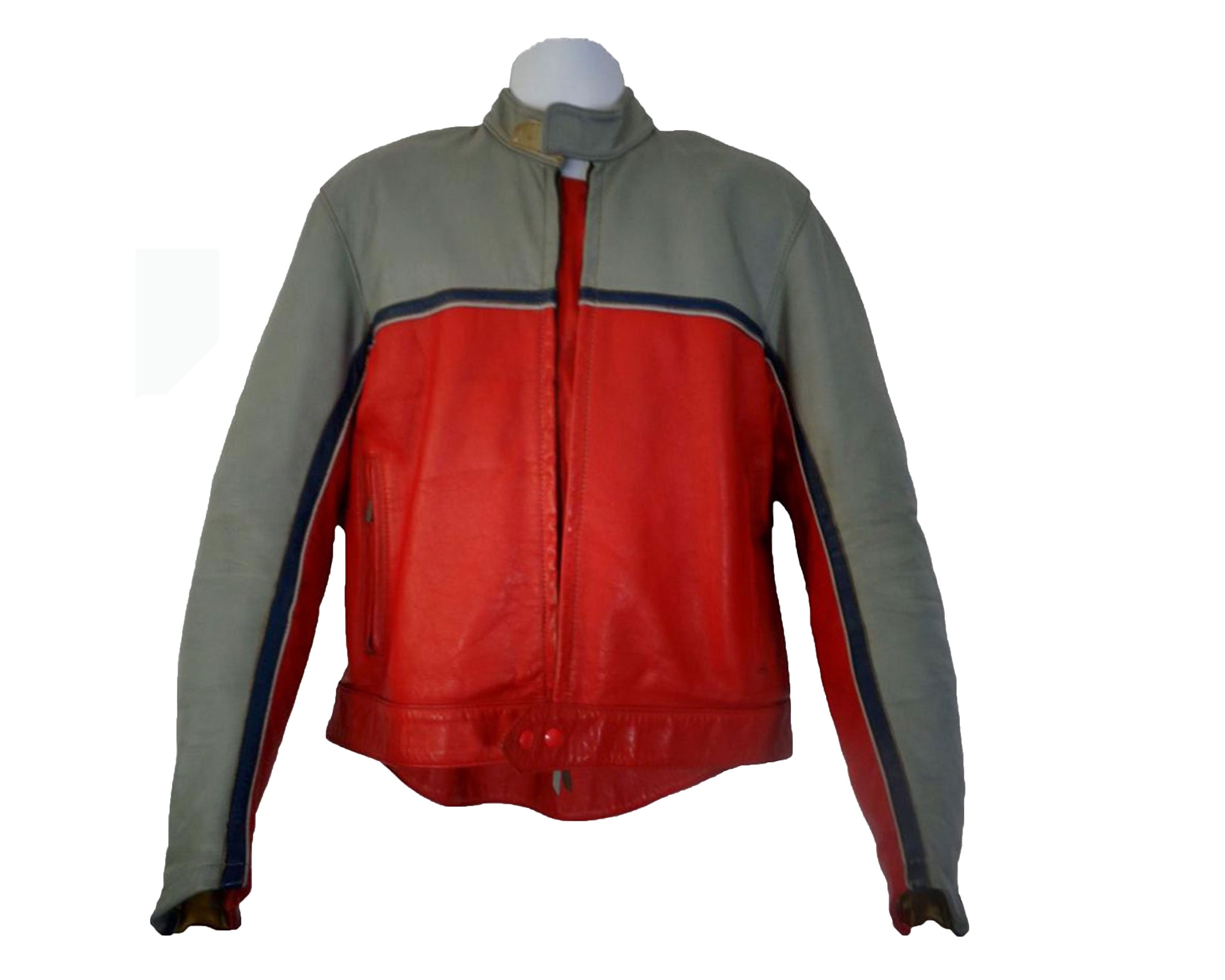 BATES GRAY RED Leather Cafe Racer Motorcycle Men Jacket Size 44 Riding ...