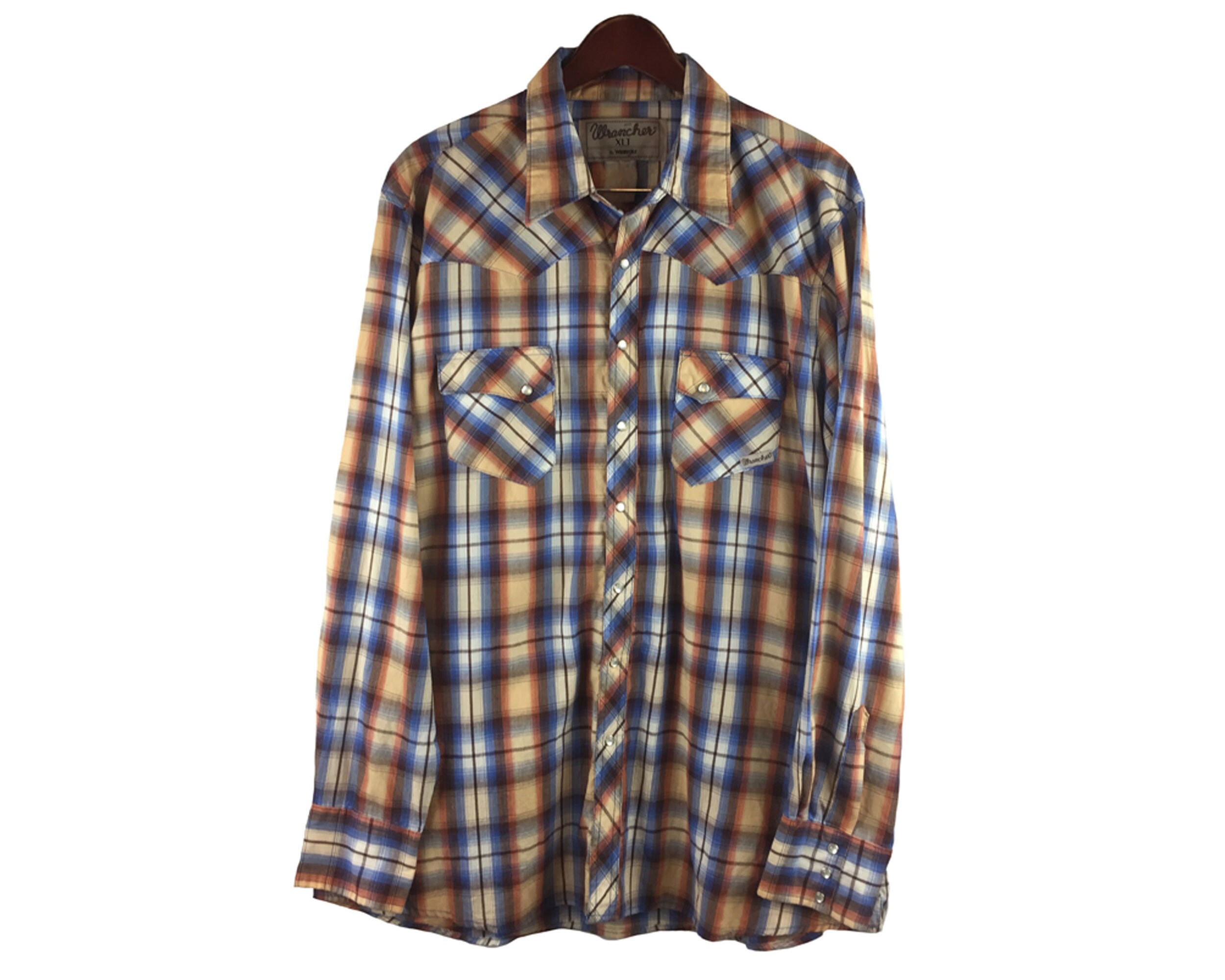 WRANGLER Flannel Plaid Brown Blue Shirt Men's Size XL || 2 Flap Pockets ...